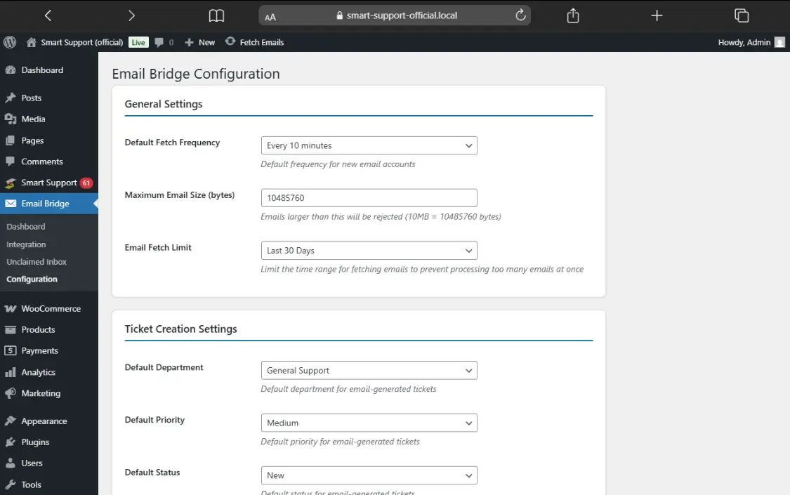 Email Bridge : Configuring Email Bridge (Global Settings) - Smart Support